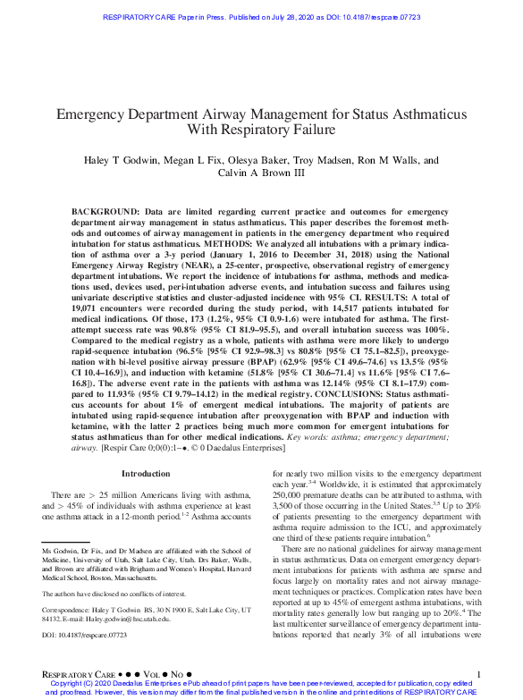 (PDF) Emergency Department Airway Management for Status Asthmaticus ...