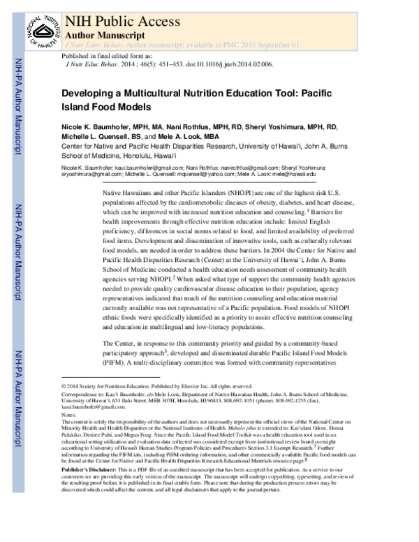 (PDF) Developing a Multicultural Nutrition Education Tool: Pacific ...