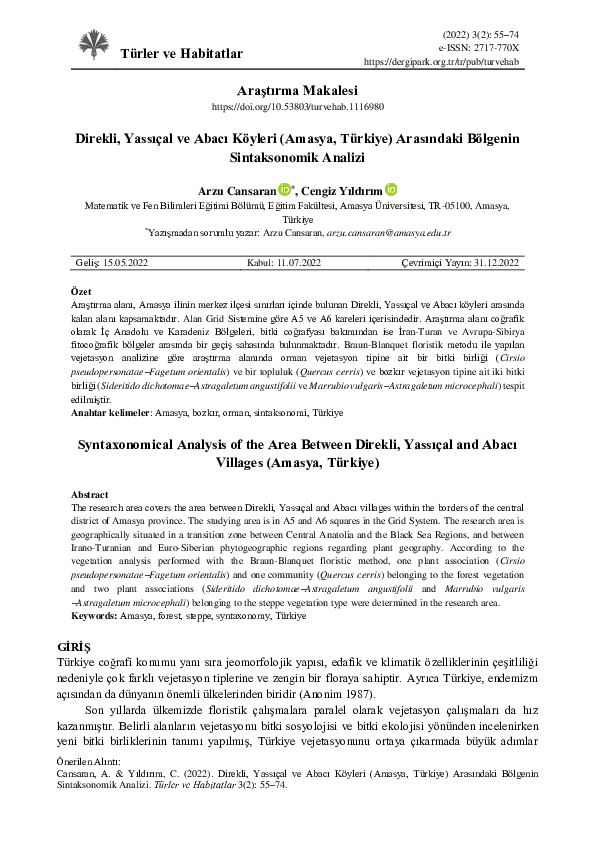 (PDF) Direkli, Yassıçal ve Abacı Köyleri (Amasya, Türkiye) Arasındaki ...