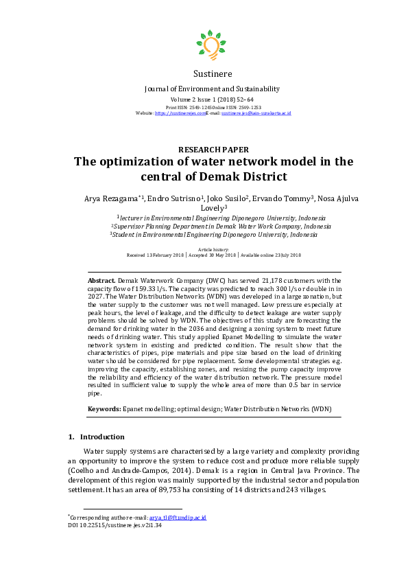 (PDF) The optimization of water network model in the central of Demak District