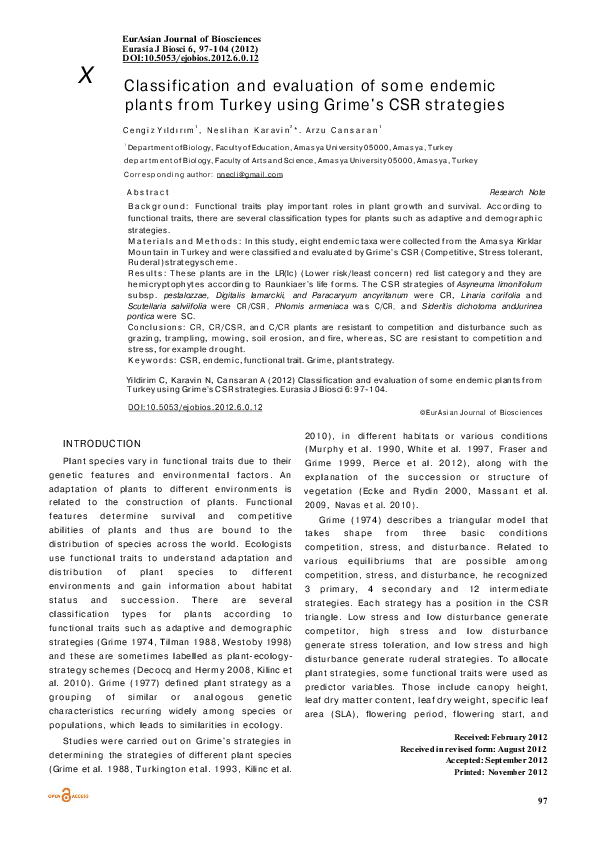 (PDF) Classification and evaluation of some endemic plants from Turkey ...