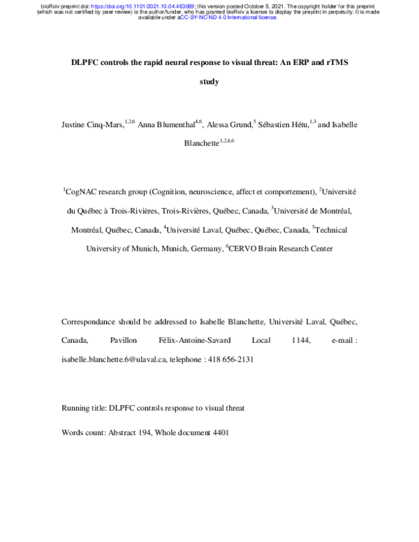 (PDF) DLPFC controls the rapid neural response to visual threat: An ERP ...