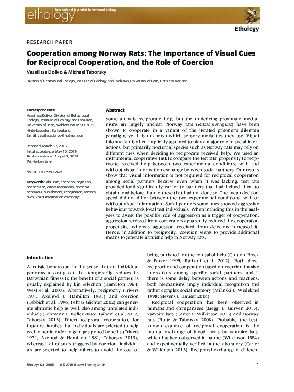 (PDF) Cooperation among Norway Rats: The Importance of Visual Cues for ...