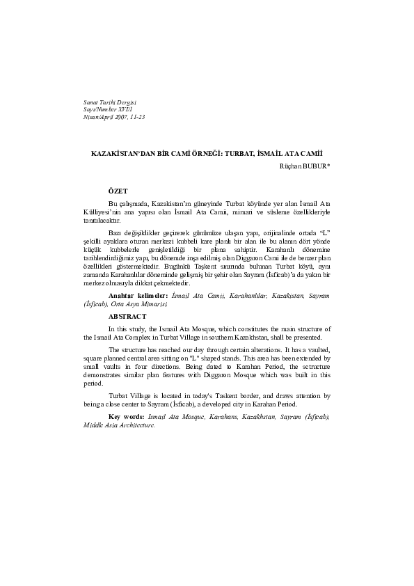 (PDF) Kazakistan'da Bir Cami Örneği: Turbat, İsmail Ata Camii