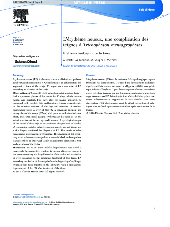 (PDF) L’érythème noueux, une complication des teignes à Trichophyton ...