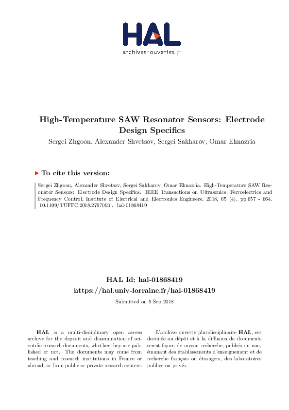 (PDF) High-Temperature SAW Resonator Sensors: Electrode Design Specifics