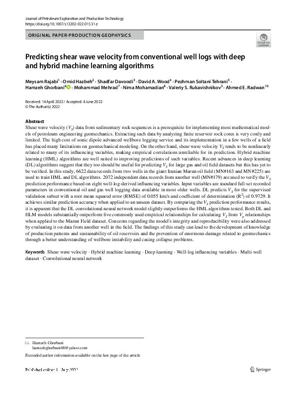 Pdf Predicting Shear Wave Velocity From Conventional Well Logs With Deep And Hybrid Machine