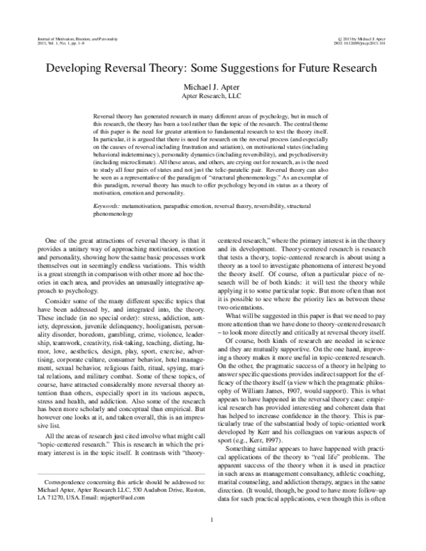 (PDF) Developing Reversal Theory: Some Suggestions for Future Research