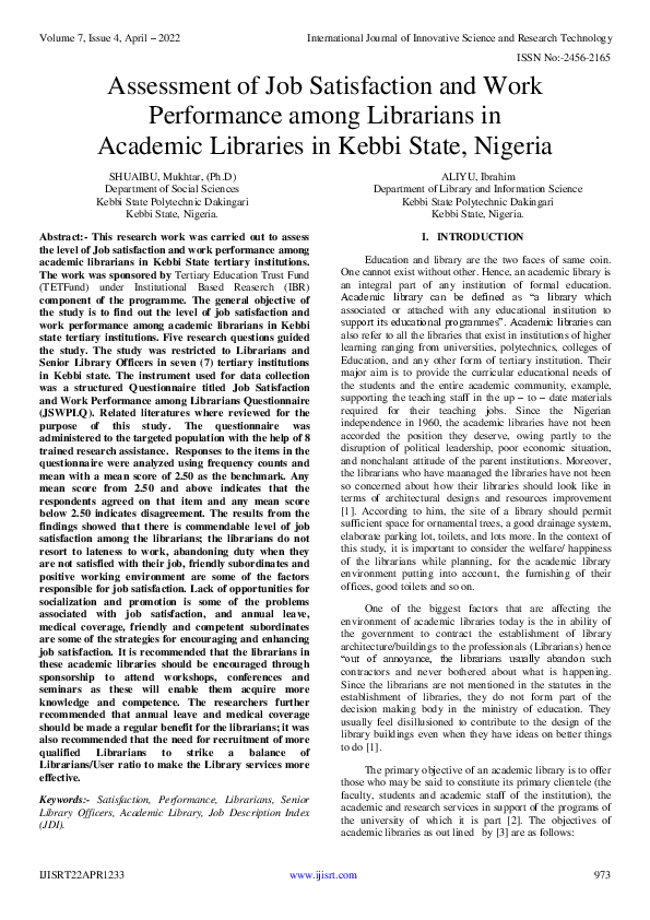 (PDF) Assessment of Job Satisfaction and Work Performance among Librarians in Academic Libraries ...