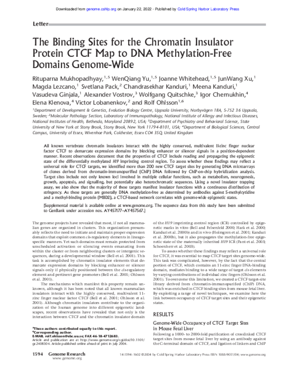 (PDF) The Binding Sites for the Chromatin Insulator Protein CTCF Map to ...