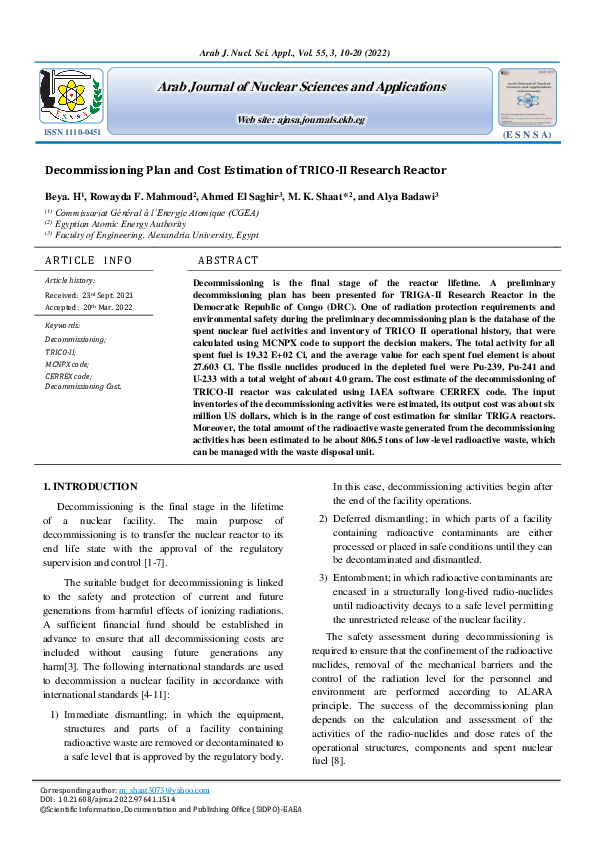 (PDF) Decommissioning Plan and Cost Estimation of TRICOII Research Reactor