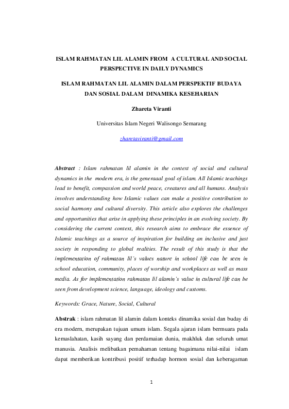(PDF) ISLAM RAHMATAN LIL ALAMIN DALAM PERSPEKTIF BUDAYA DAN SOSIAL DALAM DINAMIKA KESEHARIAN