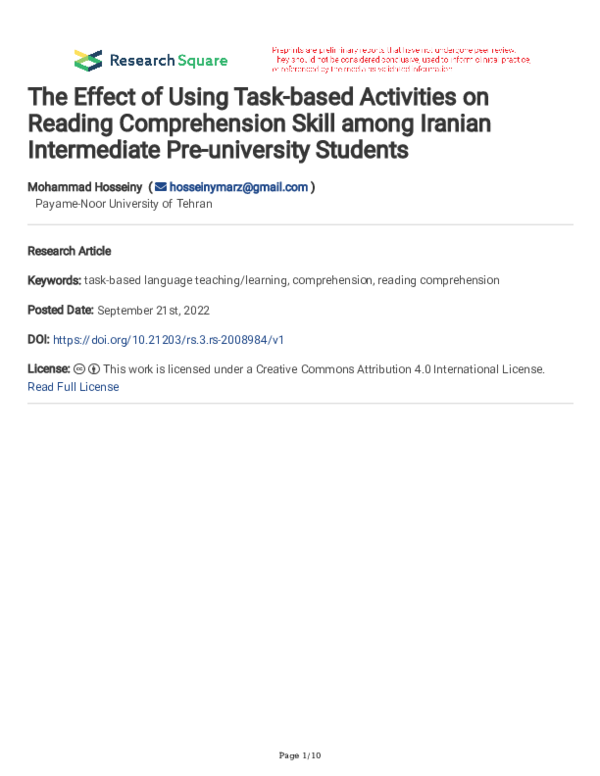 (PDF) The Effect of Using Task-based Activities on Reading Comprehension Skill among Iranian ...