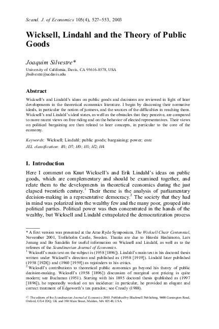 (PDF) Wicksell, Lindahl and the Theory of Public Goods