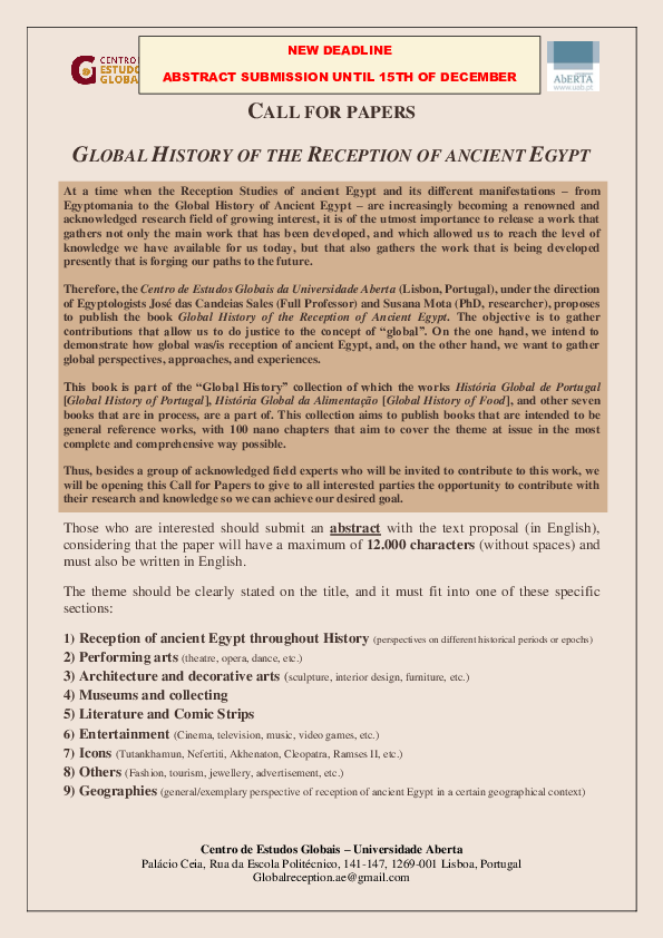 (PDF) CALL FOR PAPERS_BOOK_GLOBAL HISTORY OF THE RECEPTION OF ANCIENT EGYPT