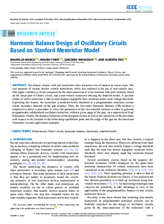 (PDF) Harmonic Balance Design of Oscillatory Circuits Based on Stanford Memristor Model