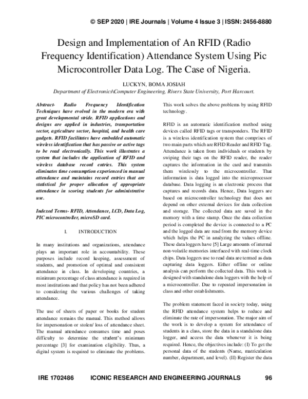 (PDF) Design and implementation of an Radio frequency identification Attendance system using PIC ...