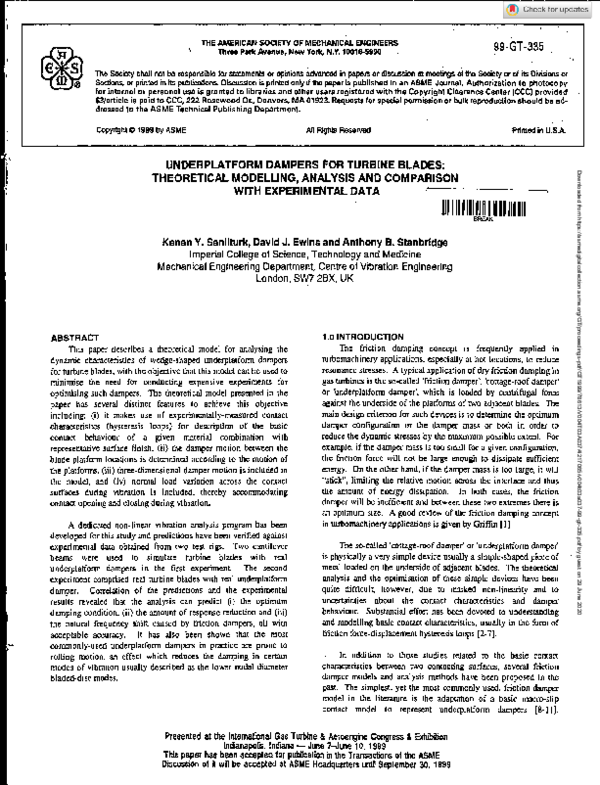 (PDF) Underplatform Dampers for Turbine Blades: Theoretical Modelling ...