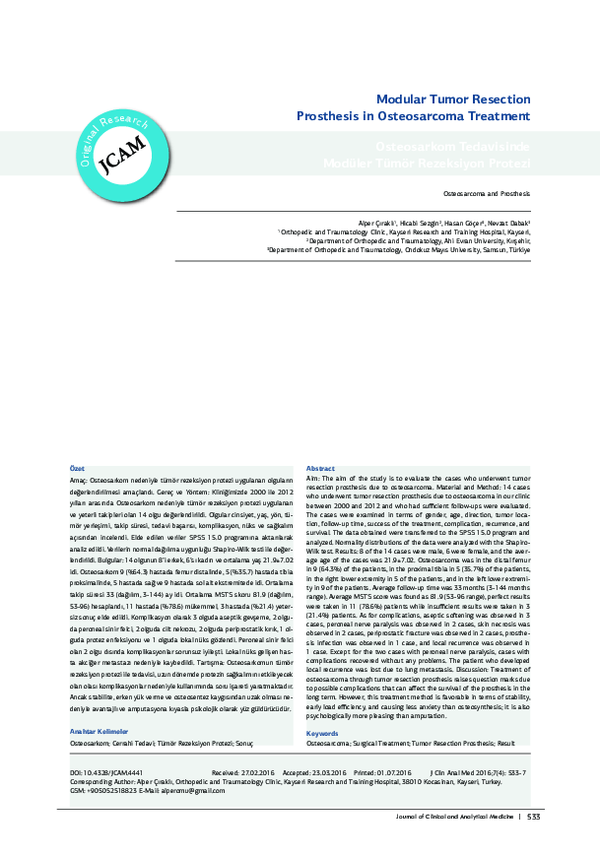 (PDF) Modular Tumor Resection Prosthesis in Osteosarcoma Treatment