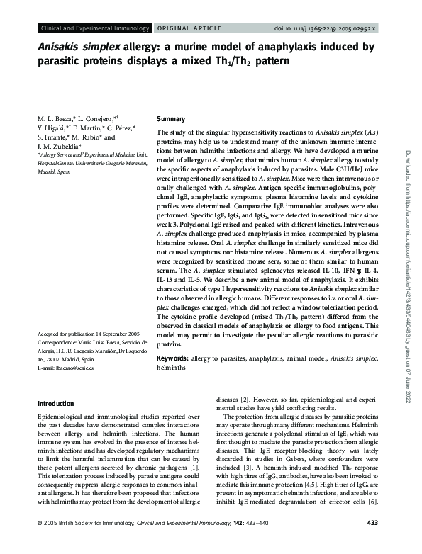 (PDF) Anisakis simplexallergy: a murine model of anaphylaxis induced by parasitic proteins ...