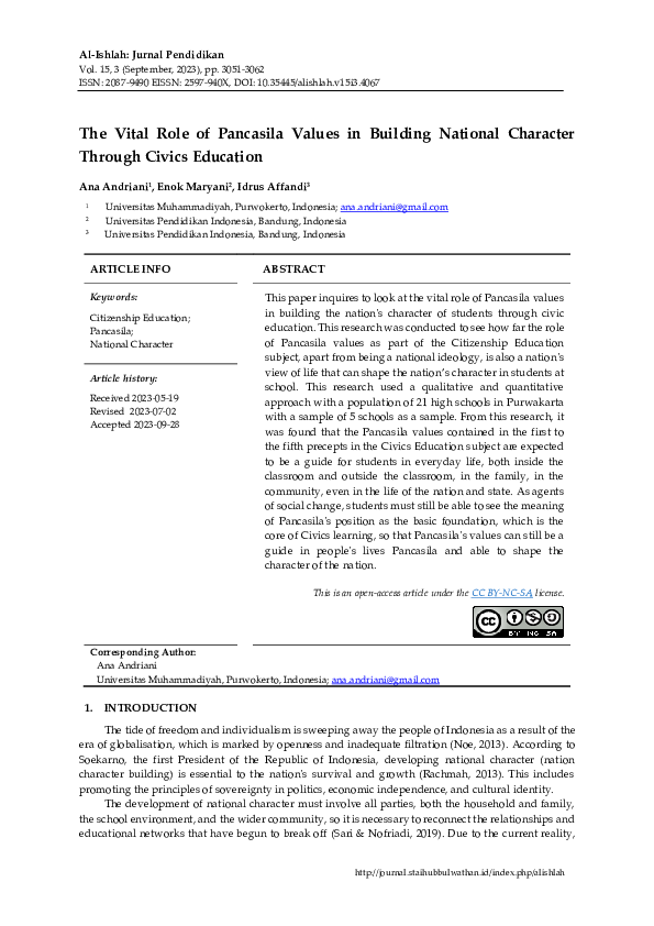 (PDF) The Vital Role of Pancasila Values in Building National Character ...