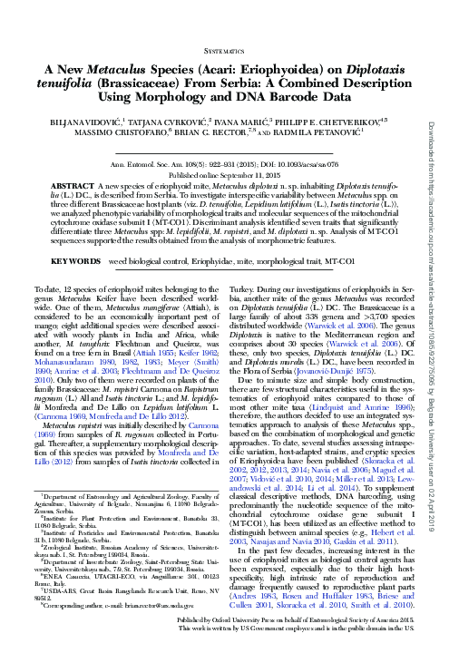 (PDF) A New Metaculus Species (Acari: Eriophyoidea) on Diplotaxis ...