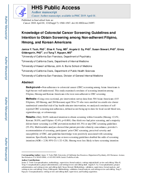 (PDF) Knowledge of colorectal cancer screening guidelines and intention to obtain screening ...