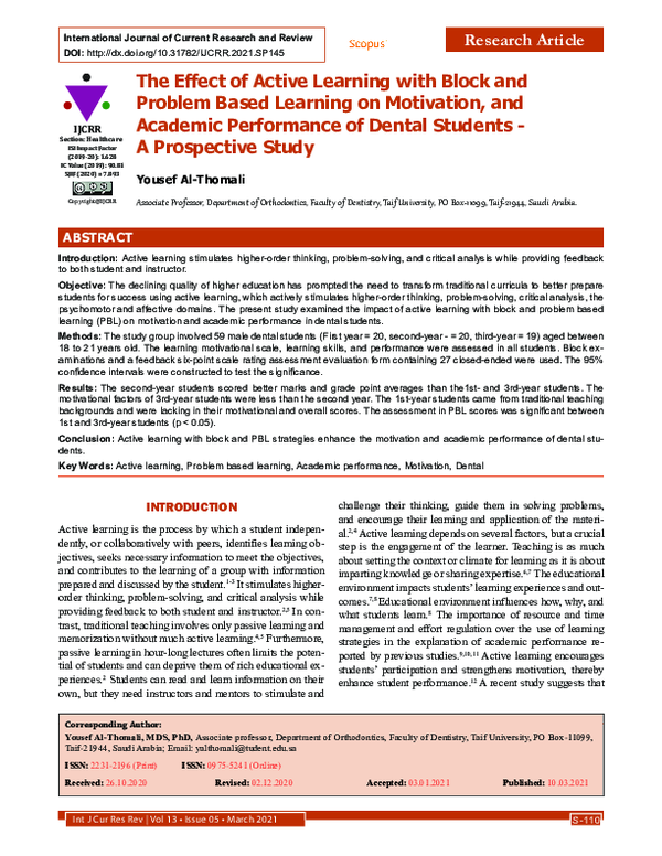 (PDF) The Effect of Active Learning with Block and Problem Based Learning on Motivation, and ...