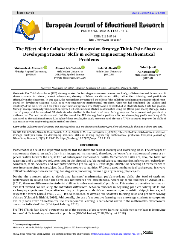 (PDF) The Effect of the Collaborative Discussion Strategy Think-Pair ...