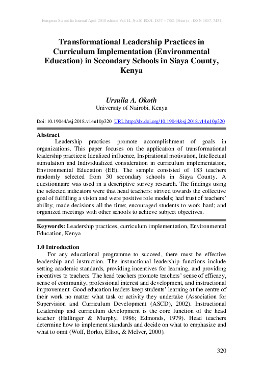 (PDF) Transformational Leadership in Environmental Education Implementation