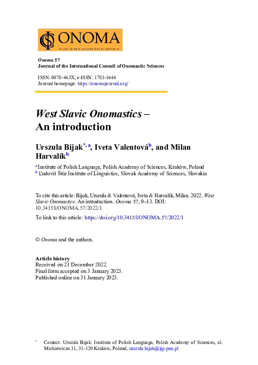 (PDF) West Slavic Onomastics – An introduction