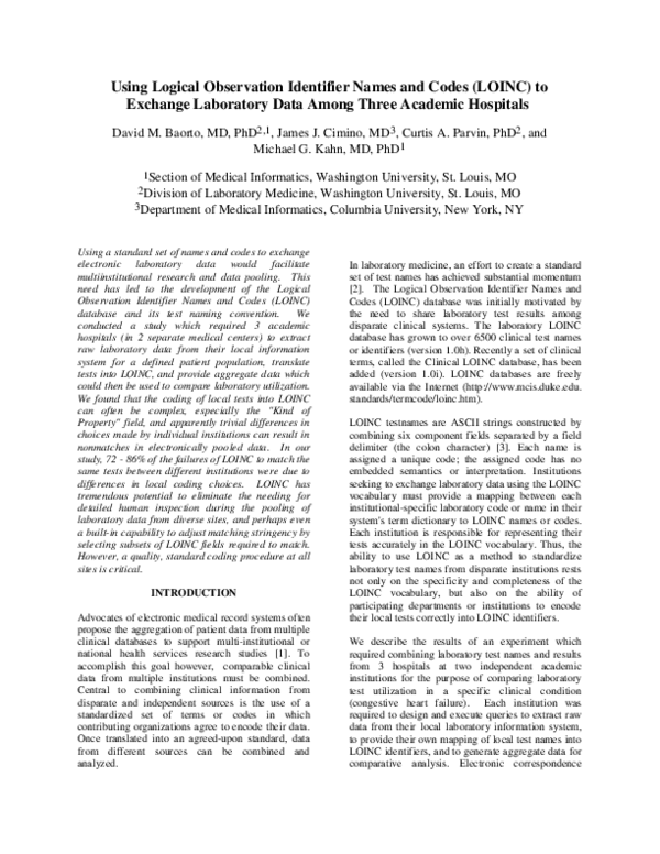 (PDF) Using Logical Observation Identifier Names and Codes (LOINC) to exchange laboratory data ...