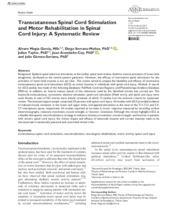 (PDF) Transcutaneous Spinal Cord Stimulation and Motor Rehabilitation in Spinal Cord Injury: A ...
