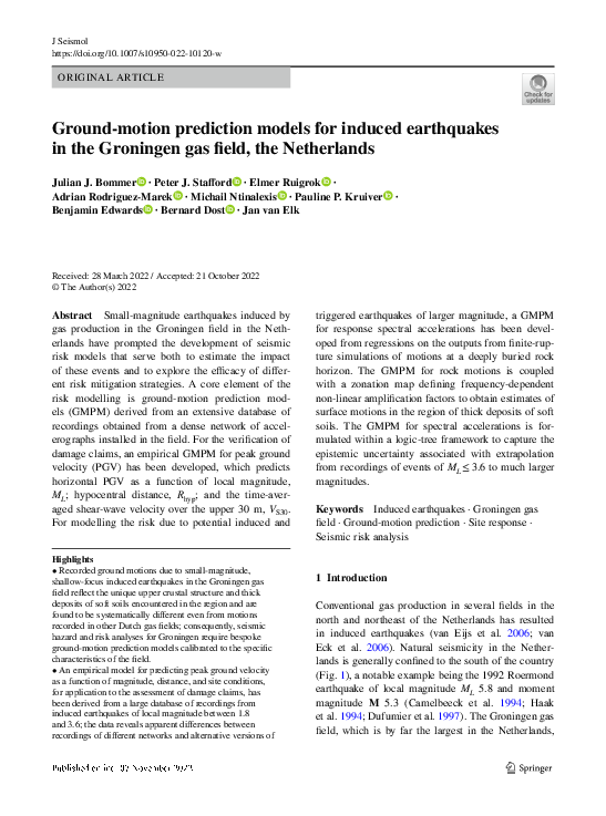 (PDF) Ground-motion prediction models for induced earthquakes in the Groningen gas field, the ...