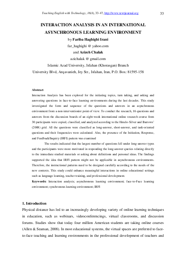(PDF) Interaction Analysis in an International Asynchronous Learning Environment | Fariba ...