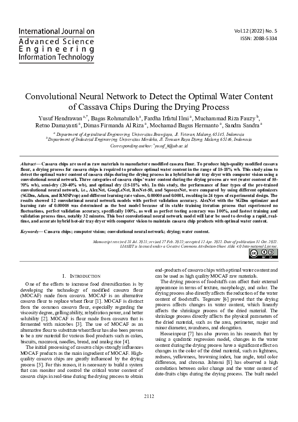 (PDF) Convolutional Neural Network to Detect the Optimal Water Content of Cassava Chips During ...