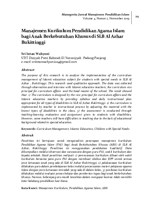 (PDF) Manajemen Kurikulum Pendidikan Agama Islam bagi Anak Berkebutuhan Khusus di SLB Al Azhar ...