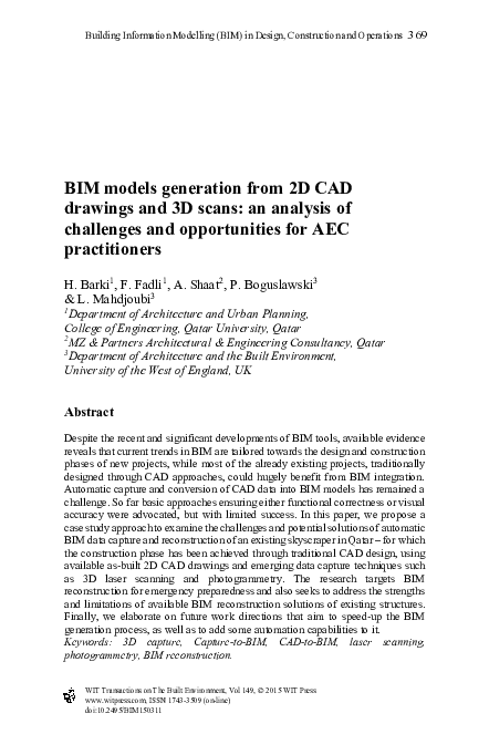 (PDF) BIM models generation from 2D CAD drawings and 3D scans: an analysis of challenges and ...