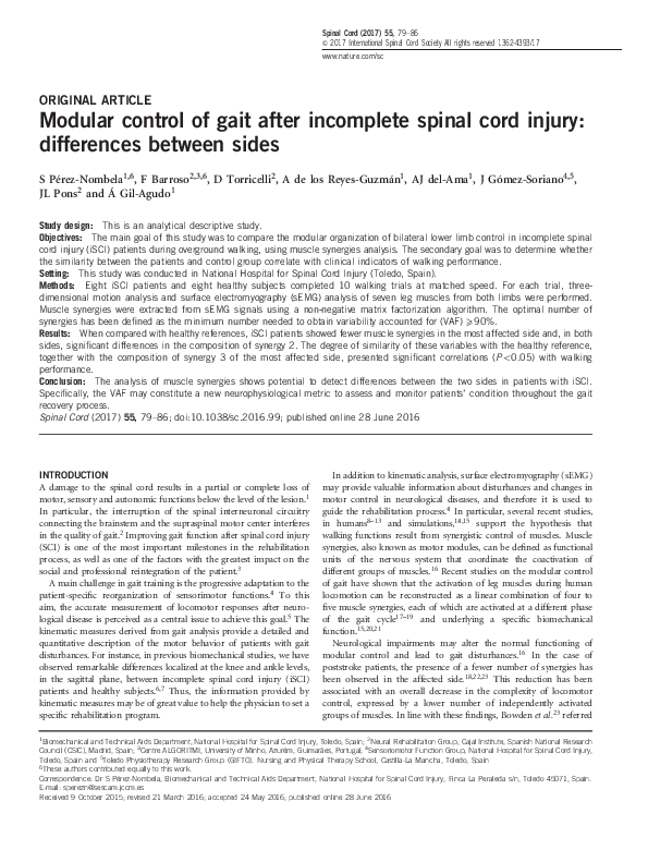 (PDF) Modular control of gait after incomplete spinal cord injury ...