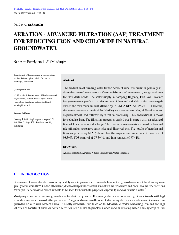 (PDF) Advanced Aeration and Filtration to Reduce Iron and Chloride