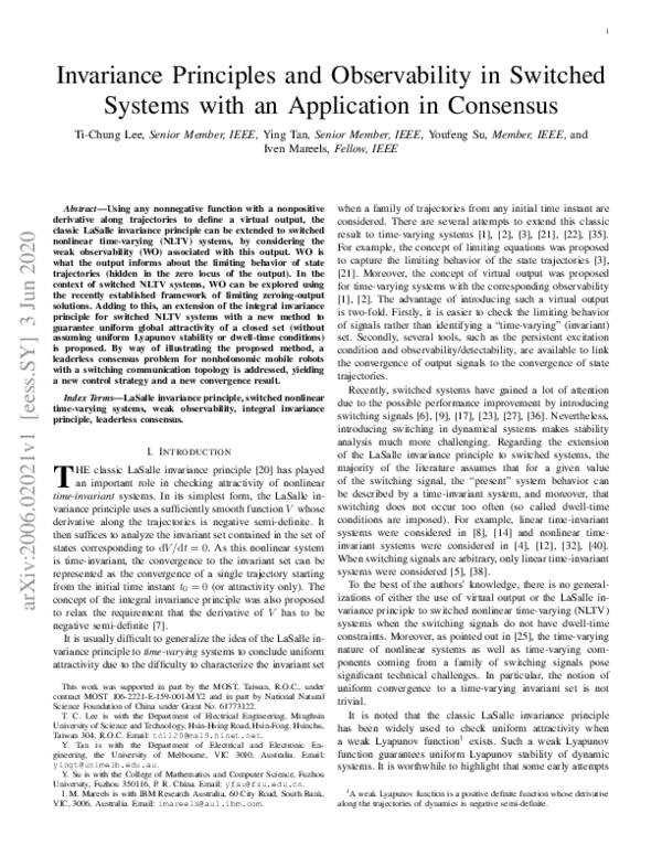 (PDF) Invariance Principles and Observability in Switched Systems With ...
