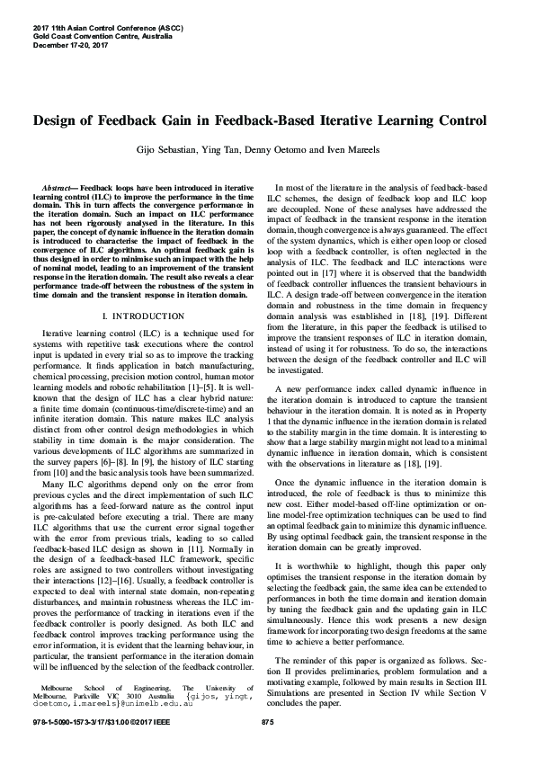 (PDF) Design of feedback gain in feedback-based iterative learning control