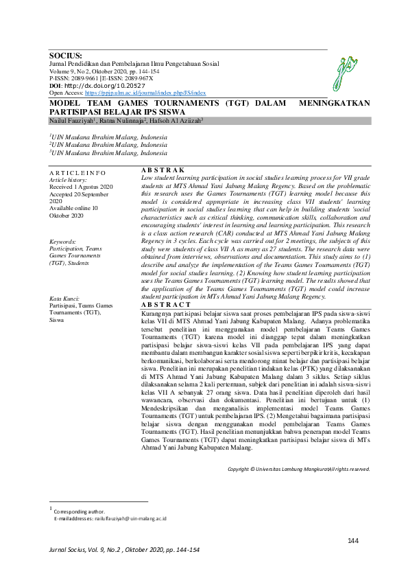 (PDF) Model Team Games Tournaments (TGT) Dalam Meningkatkan Partisipasi Belajar Ips Siswa MTS ...