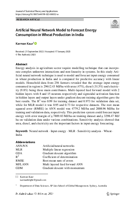 (PDF) Artificial Neural Network Model to Forecast Energy Consumption in Wheat Production in India