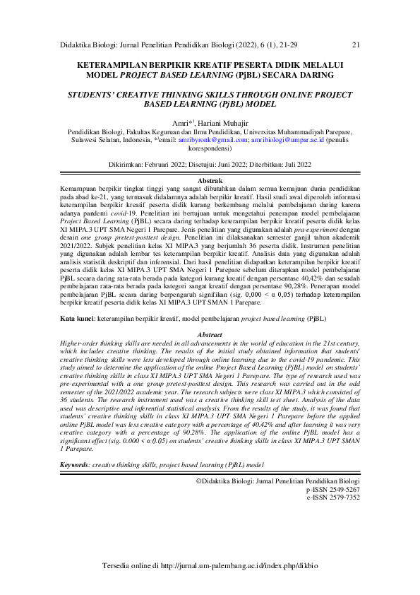 KETERAMPILAN BERPIKIR KREATIF PESERTA DIDIK MELALUI MODEL PROJECT BASED LEARNING (PjBL) SECARA ...