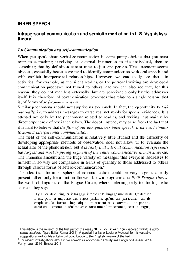 (PDF) Inner Speech. Intrapersonal communication and semiotic mediation in L.S. Vygotsky's theory