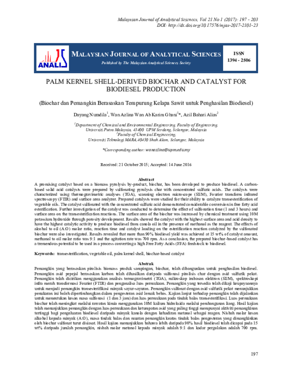 (PDF) Palm Kernel Shell-Derived Biochar and Catalyst for Biodiesel Production