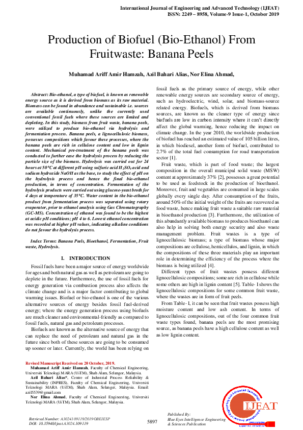 (PDF) Production of Biofuel (Bio-Ethanol) From Fruitwaste: Banana Peels