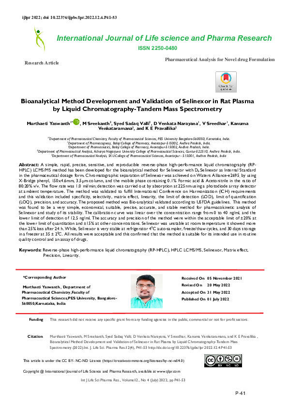 (PDF) Bioanalytical Method Development and Validation of Selinexor in Rat Plasma by Liquid ...