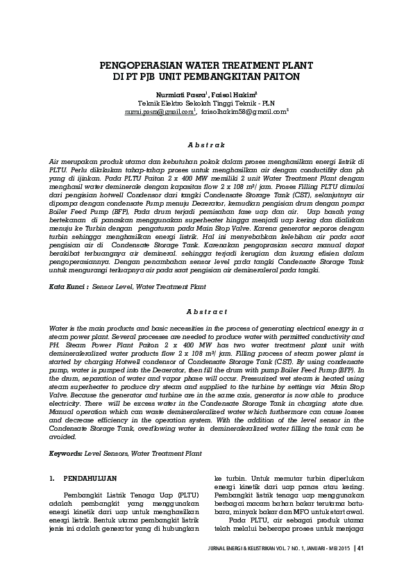 (PDF) Pengoperasian Water Treatment Plant DI PT PJB Unit Pembangkitan Paiton